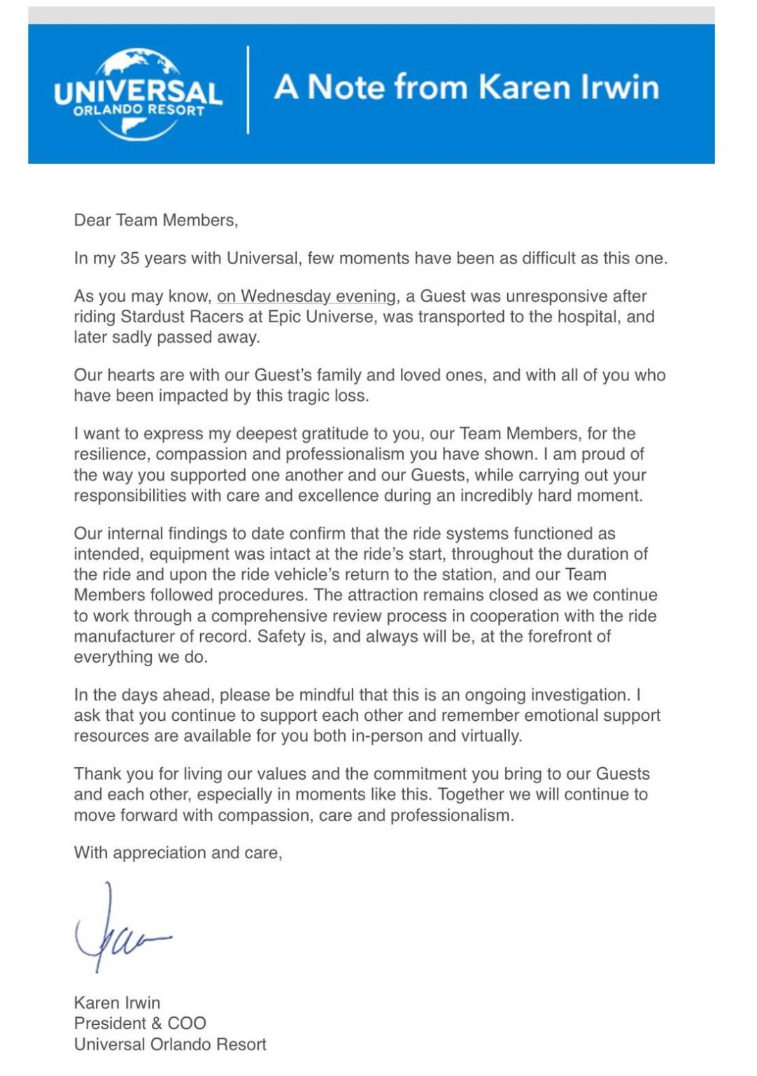 Universal Orlando President Addresses Team After Guest Death on ...